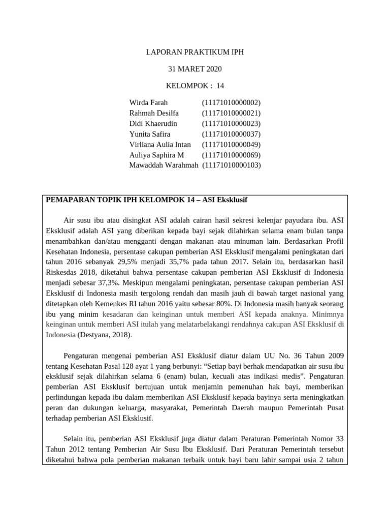 Laporan Praktikum Iph Kelompok 14 - Asi Eksklusif (2) | PDF