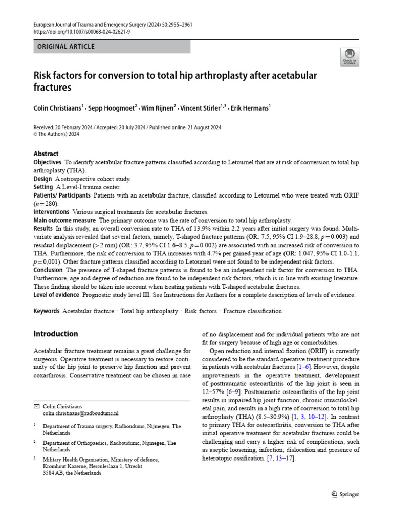 Risk factors for conversion to total hip arthroplasty after acetabular ...