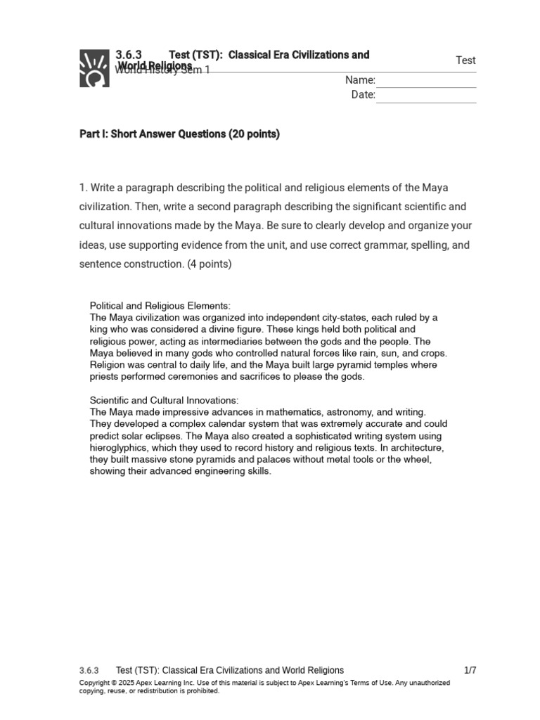 Classical Civilizations and Religions Test | PDF | Ancient Greek ...