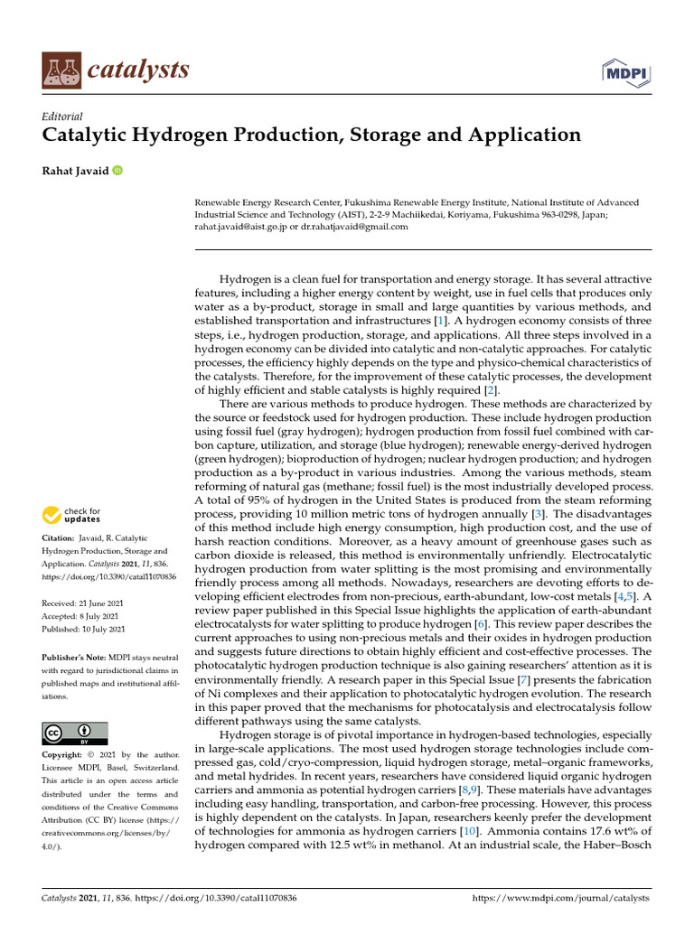 Catalytic Hydrogen Production and Storage | PDF | Hydrogen | Catalysis