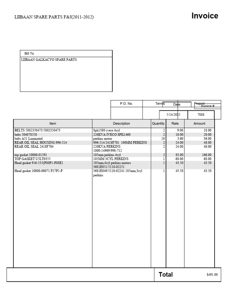 Invoice: LIIBAAN SPARE PARTS F&J (2011-2012) | PDF
