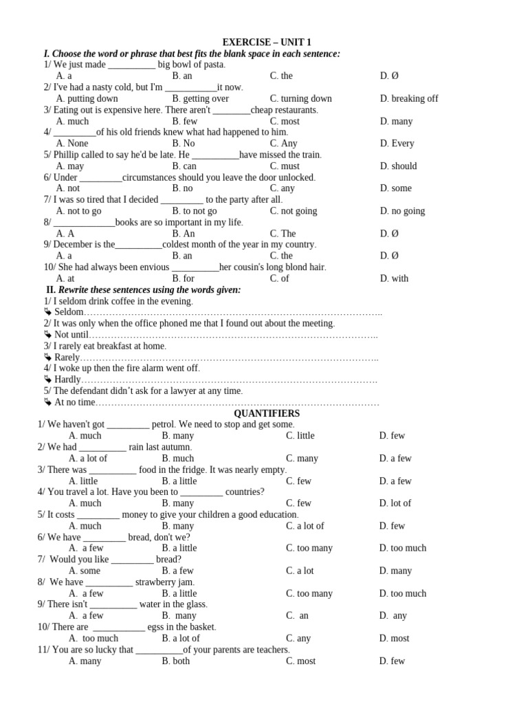 G12- Unit 1- Exercise- Inversion, Articles, Quantifiers | PDF