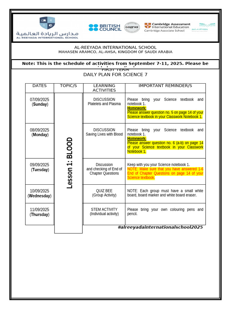 Science 7 Daily Plan: Blood Lessons | PDF
