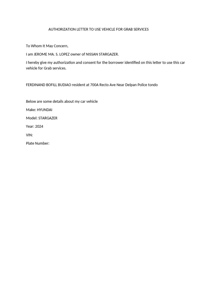 Authorization Letter To Use Vehicle For Grab Services | PDF