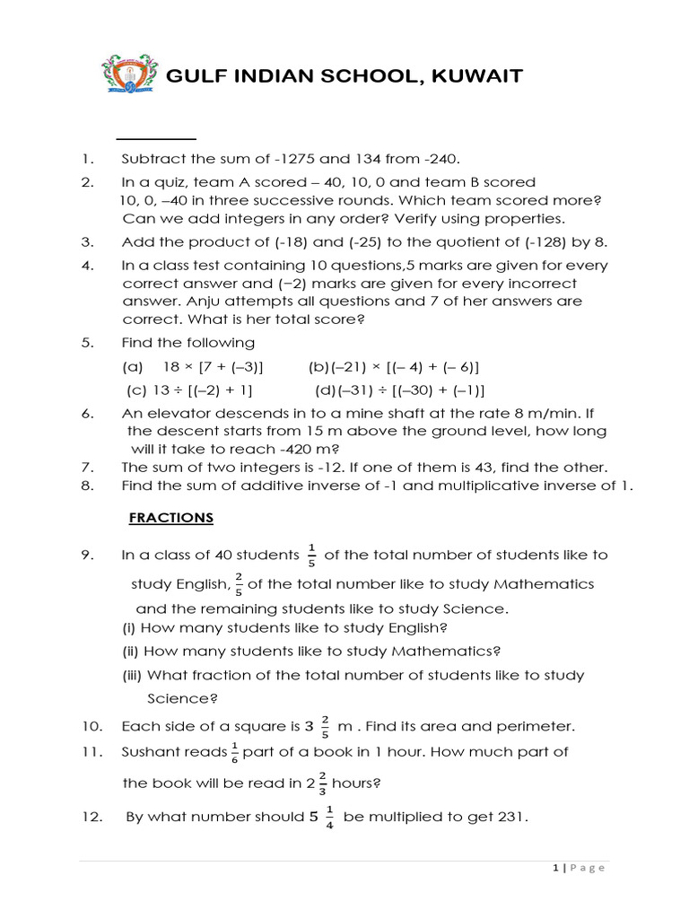 Class VII Mathematics Revision Worksheet | PDF | Mathematics ...