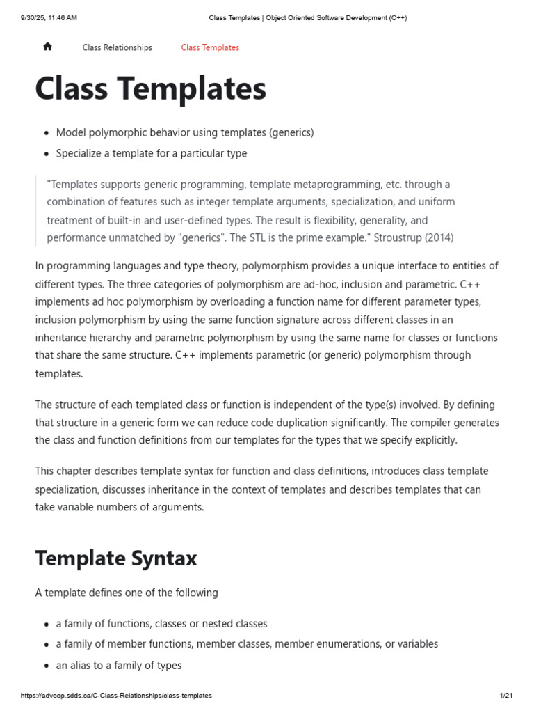 Class Templates - Object Oriented Software Development (C++) | PDF ...