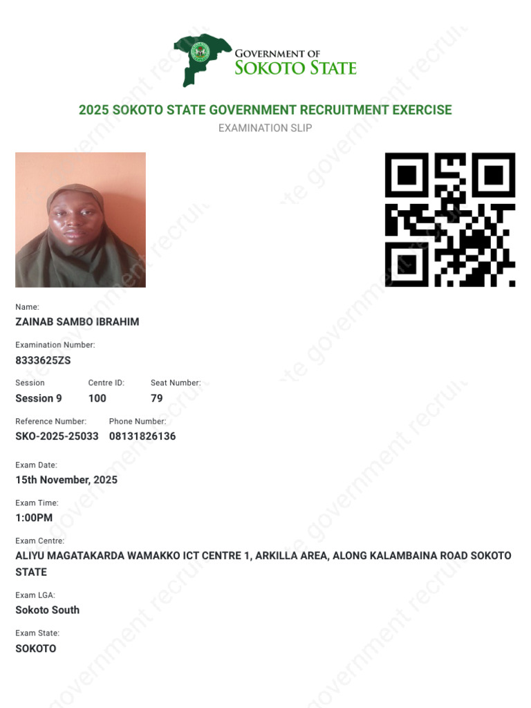 Sokoto State 2025 Exam Slip Details | PDF