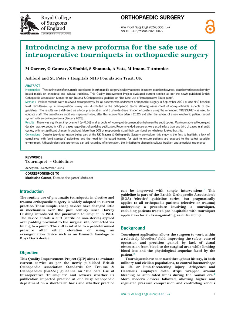 Safe Use of Intraoperative Tourniquets | PDF | Medical Specialties ...