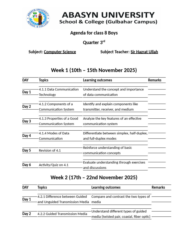 Class 8 Computer Science Agenda Q3 | PDF | Transmission Medium ...