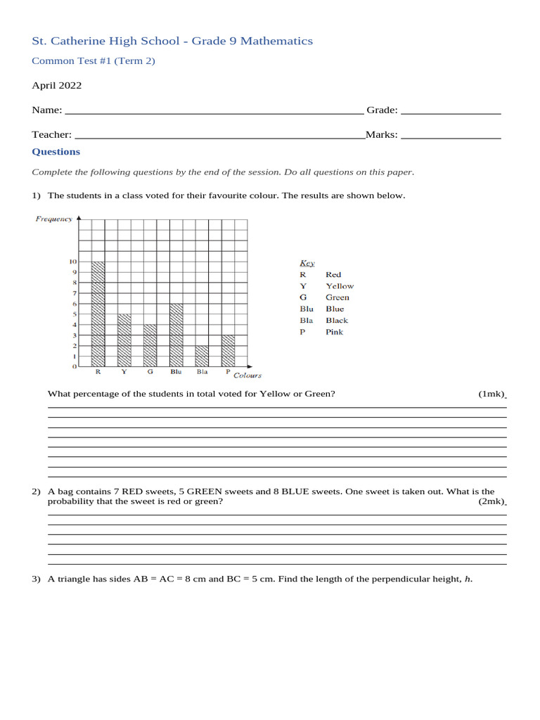 Grade 9 Common Test #1 (Term 2, 2021-2022) | PDF