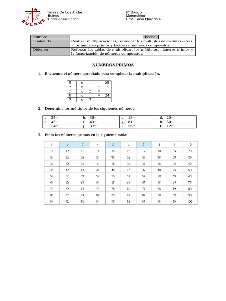 Guia Matematica Repaso Prueba Numeros Primos | PDF