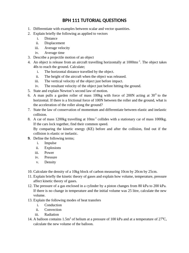 BPH 111 Tutorial Questions | PDF