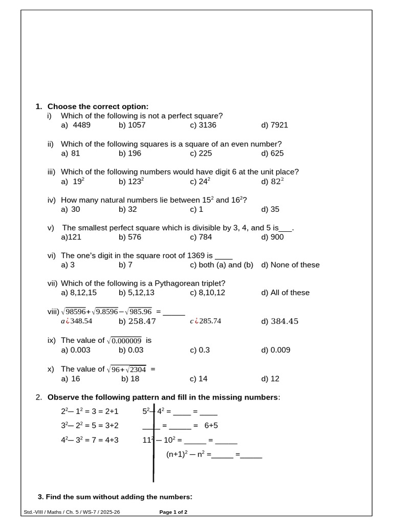 Math Problems on Squares and Roots | PDF | Square Root | Arithmetic