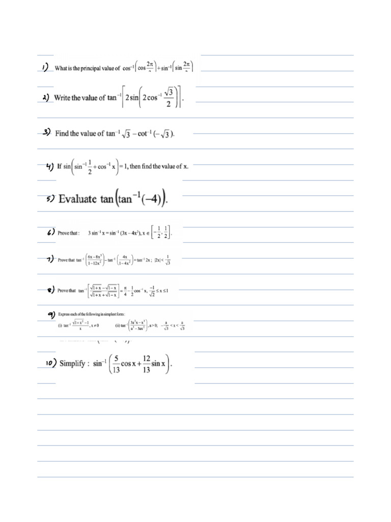 Important Questions Inverse Trigonometric Functions CBSE | PDF