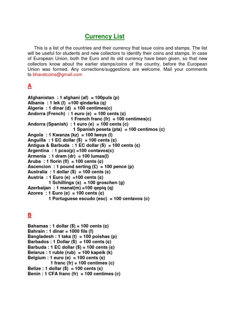 Currency List | PDF | Franc | Shilling