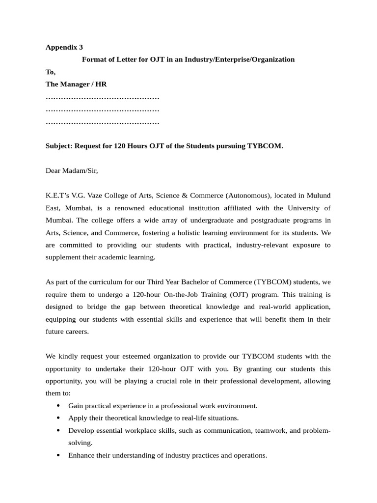 Format of Letter For OJT | PDF
