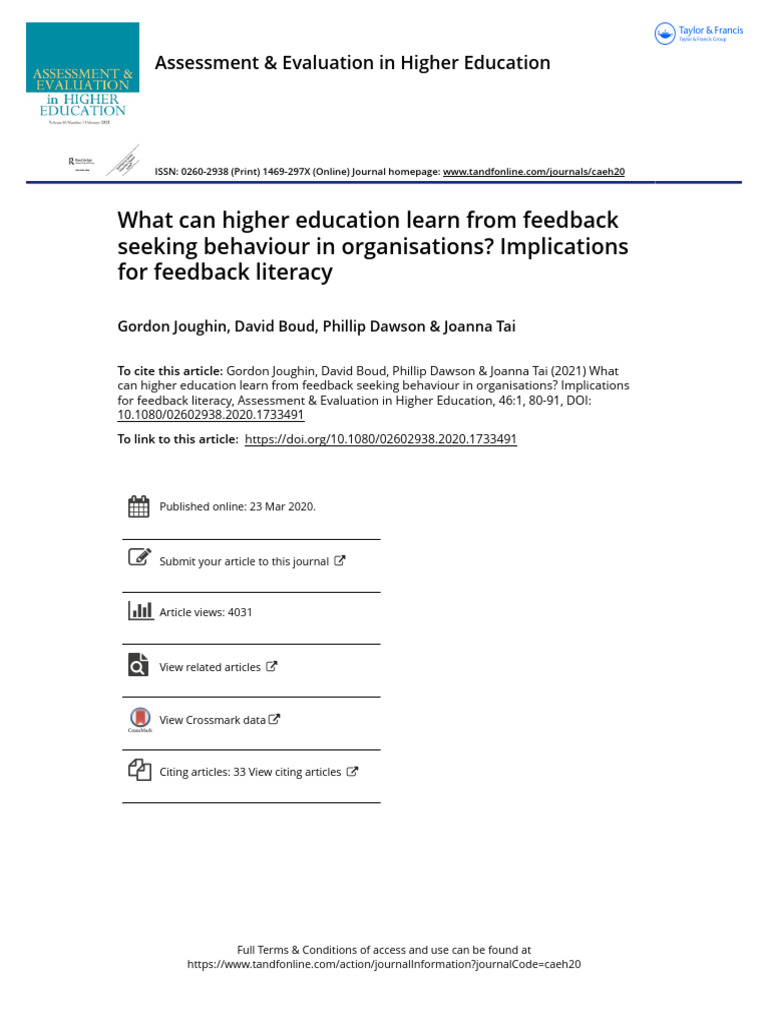 What Can Higher Education Learn From Feedback Seeking Behaviour in ...