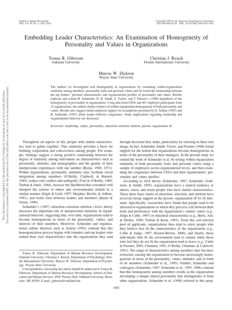 Giberson (2005) an Examination of Homogeneity of Personality and Values ...