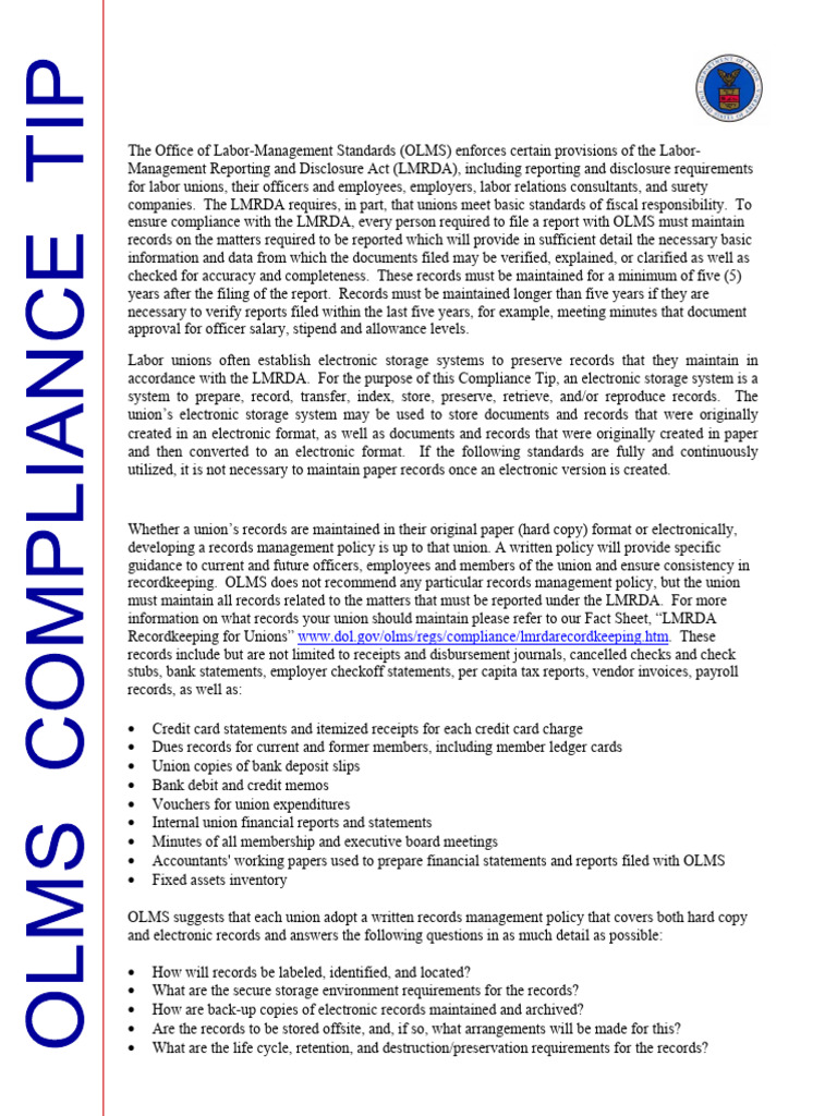 OLMS Guide to Union Recordkeeping Standards | PDF | Records Management ...