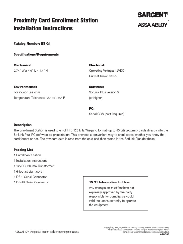 Sargent - Assa Abloy Enrollment Station Instructions | PDF | Electrical ...
