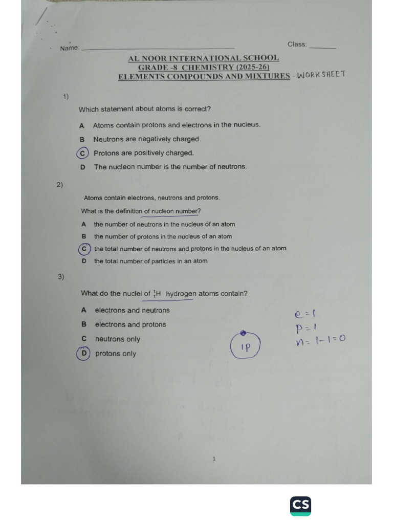 WORKSHEET -ANSWERS FOR CLASS TEST 1 | PDF