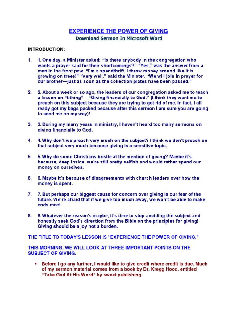 Experience The Power of Giving | PDF | Tithe | Sermon