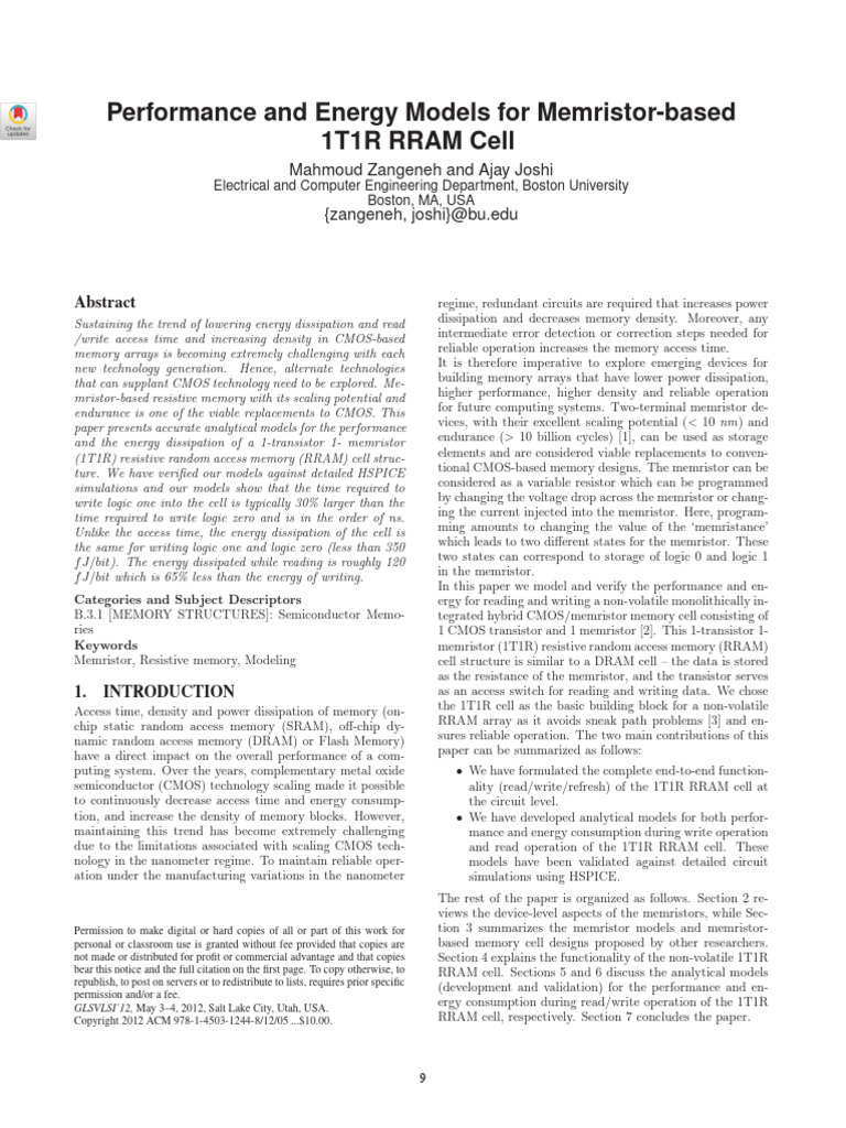 Performance and Energy Models For Memristor-Based 1T1R RRAM Cell | PDF ...