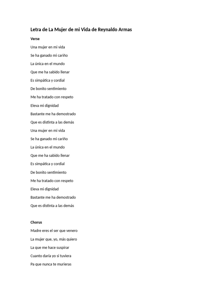 Letra de "La Mujer de mi Vida" | PDF