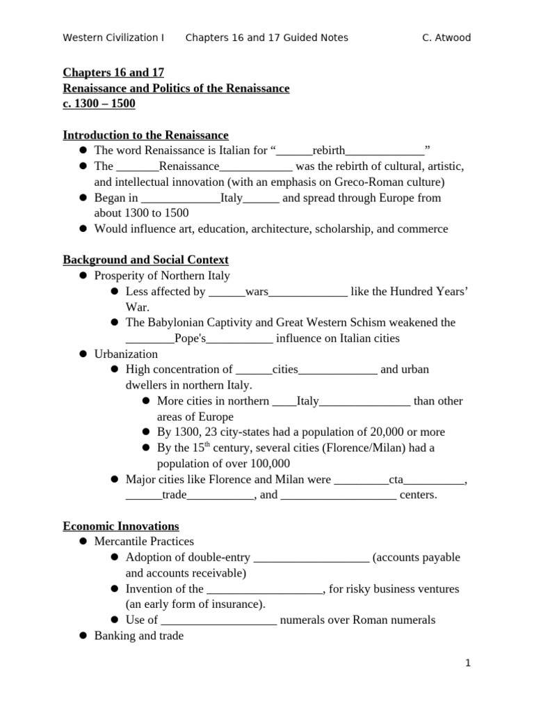 Chapter 16 and 17 Atwood Guided Notes | PDF | Renaissance | Michelangelo