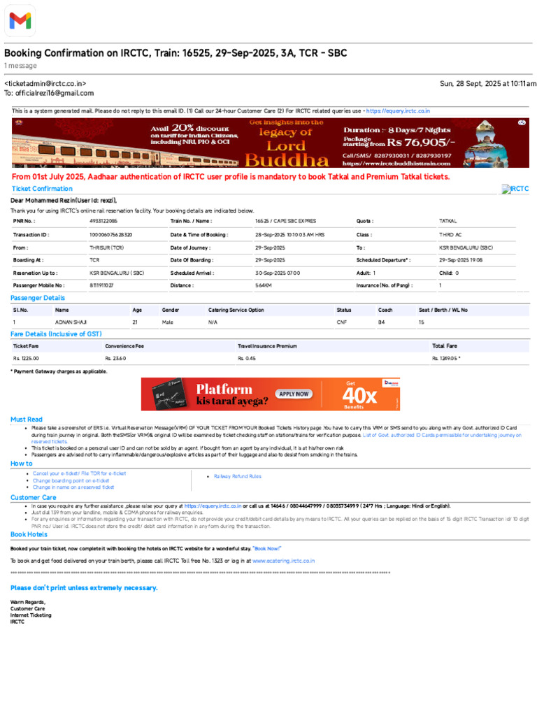 Gmail - Booking Confirmation on IRCTC, Train_ 16525, 29-Sep-2025, 3A ...