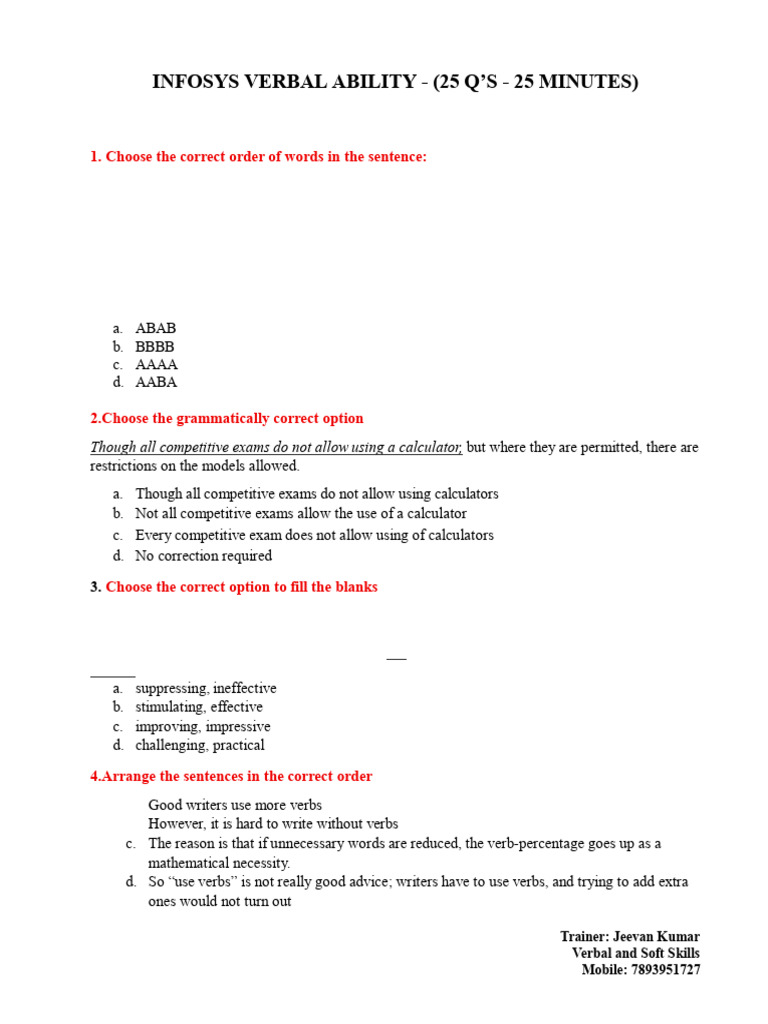 Infosys Verbal Ability Test Questions | PDF | Recruitment | Charles Darwin