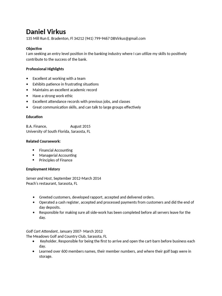 Entry-Level Banking Resume for Daniel Virkus | PDF