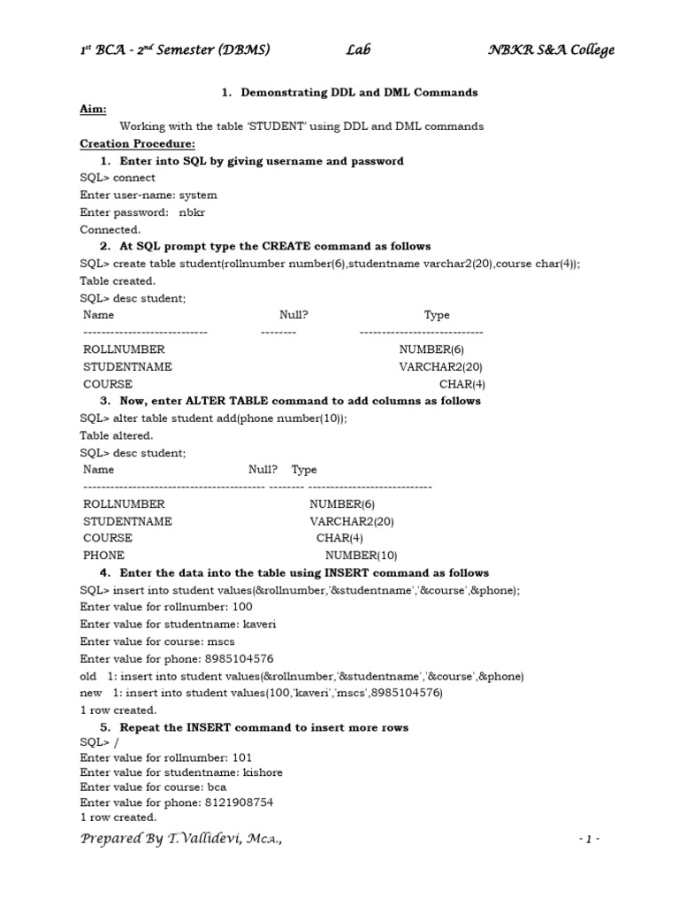 1BCA_IISem_DBMS_lab | PDF | Sql | Pl/Sql