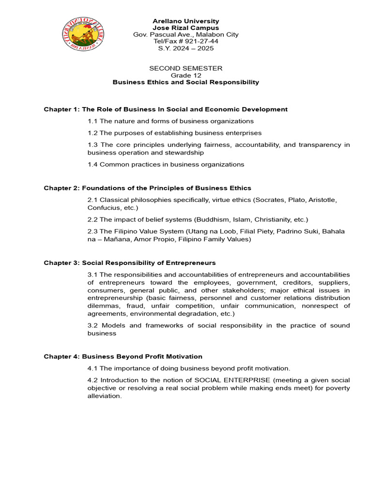 Course Outline Business Ethics Social Responsibility | PDF