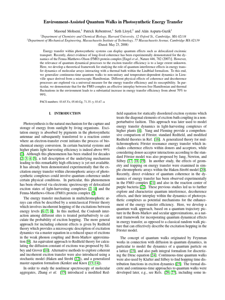 Environment-Assisted Quantum Walks in Photosynthetic Energy Transfer ...