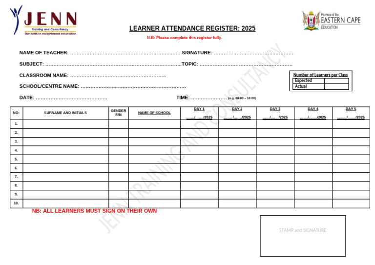 Learner Attendance Register 2025 Revised | PDF