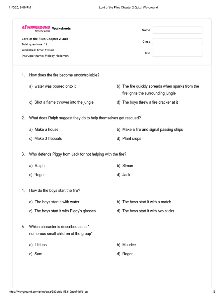 Lord of The Flies Chapter 2 Quiz - Wayground | PDF