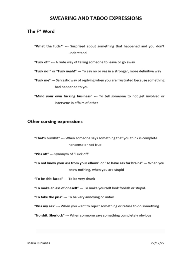 Swearing and Taboo Expressions Explained | PDF | Profanity