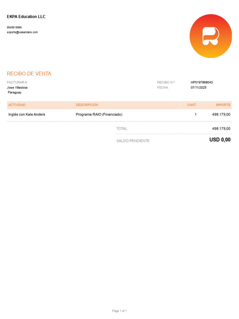 Recibo de Venta HP0197868043 de EKPA Education LLC | PDF