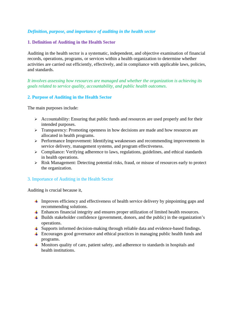 Definition, Purpose, and Importance of Auditing in The Health Sector | PDF