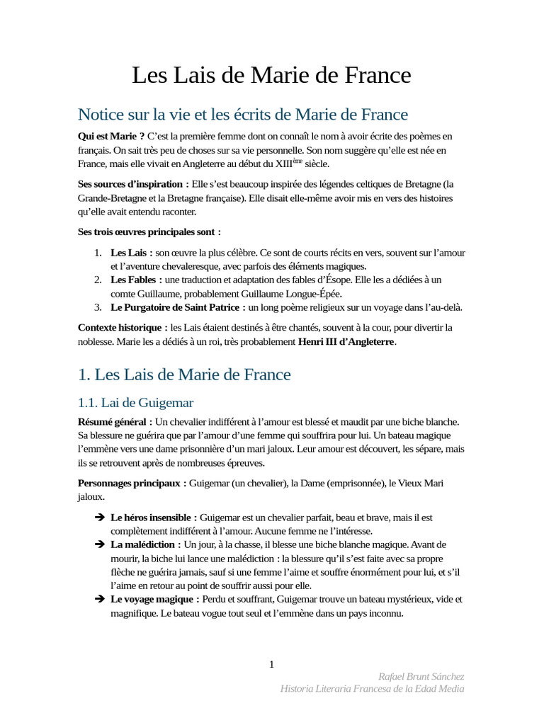 Résumé des Lais de Marie de France | PDF | Tristan (cycle arthurien ...