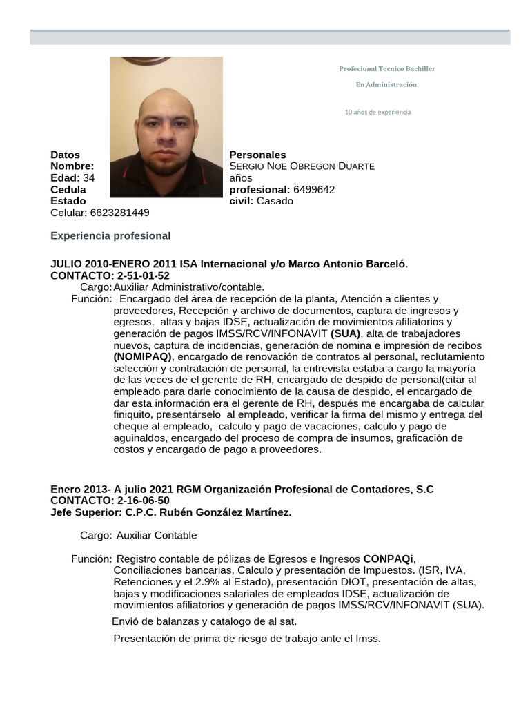 Curriculum Vitae Sergio Noe Obregon Duarte | PDF