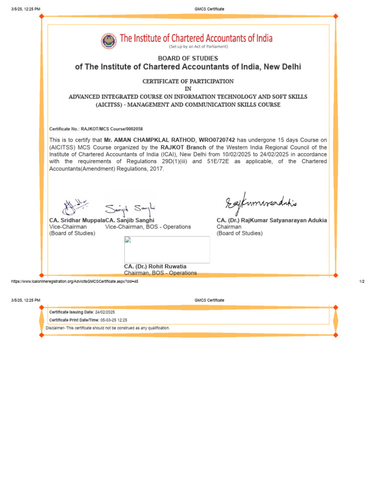AICITSS MCS Course Participation Certificate | PDF
