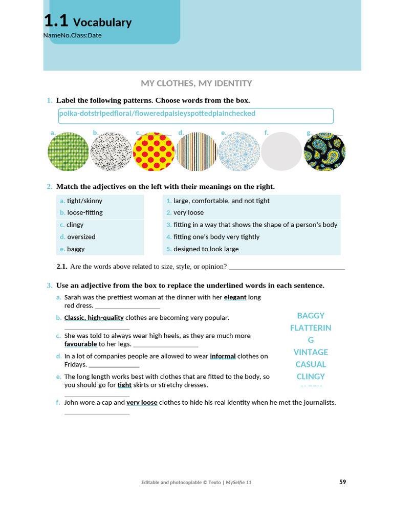 Standard Vocabulary U1.1 My Clothes, My Identity | PDF