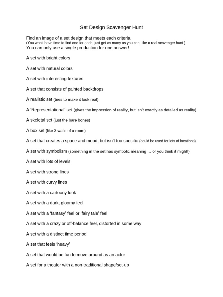 Set Design Scavenger Hunt | PDF