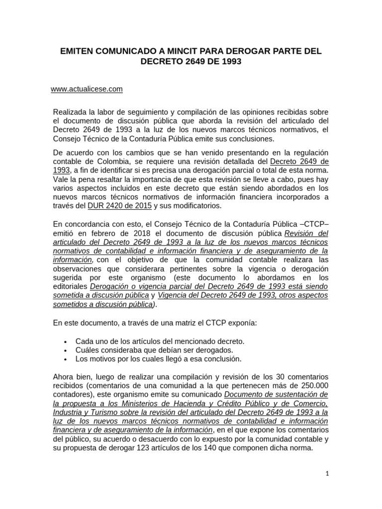 Emiten Comunicado A Mincit para Derogar Parte Del Decreto 2649 de 1993 ...