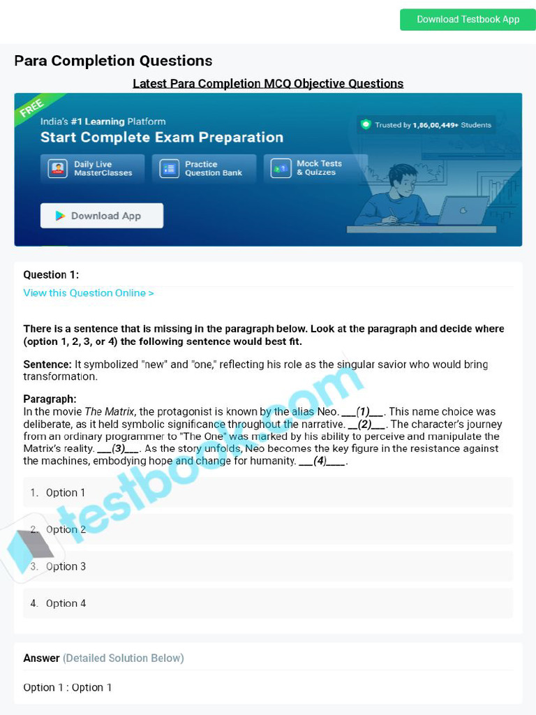 MCQ On para Completion 5eea6a0d39140f30f369e3a4 | PDF