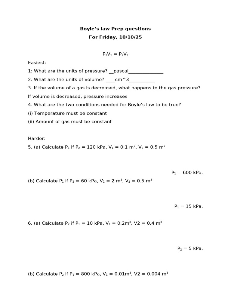 Boyles Law Prep Qs | PDF | Pressure | Gases