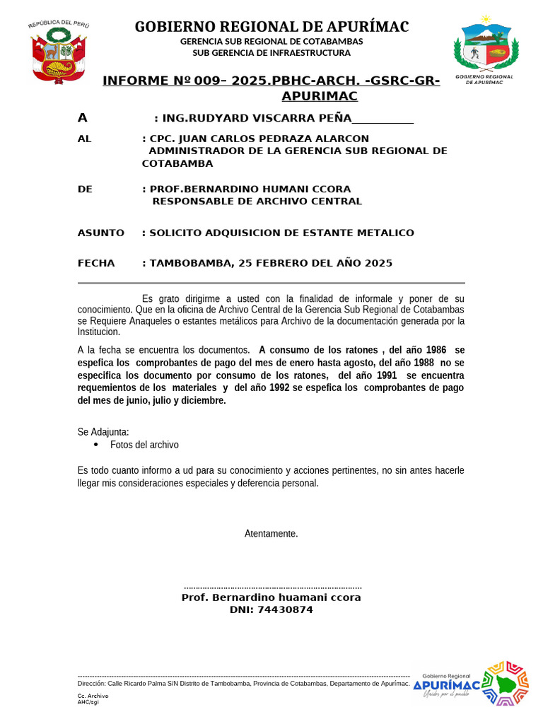 Gobierno Regional de Apurímac: Informe #009 - 2025.PBHC-ARCH. - GSRC-GR ...