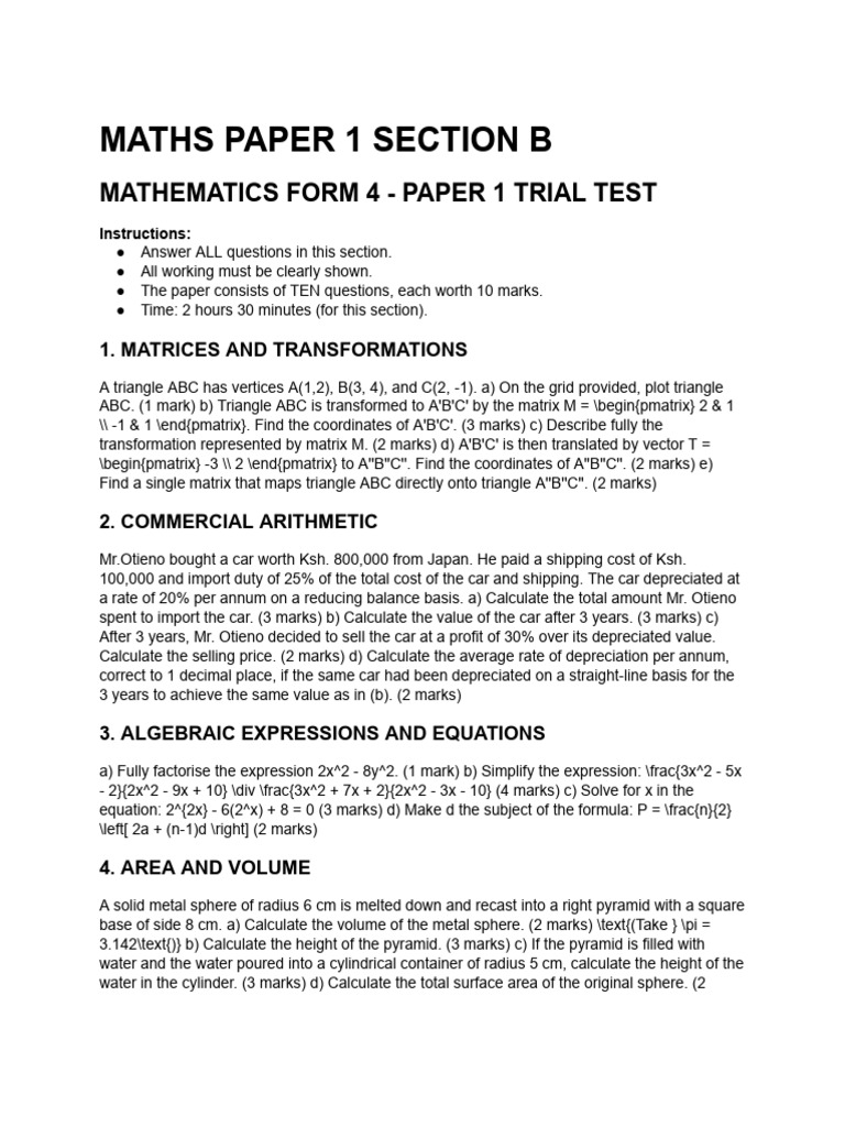 KCSE Math Paper 1 Section B | PDF | Matrix (Mathematics) | Mathematical ...